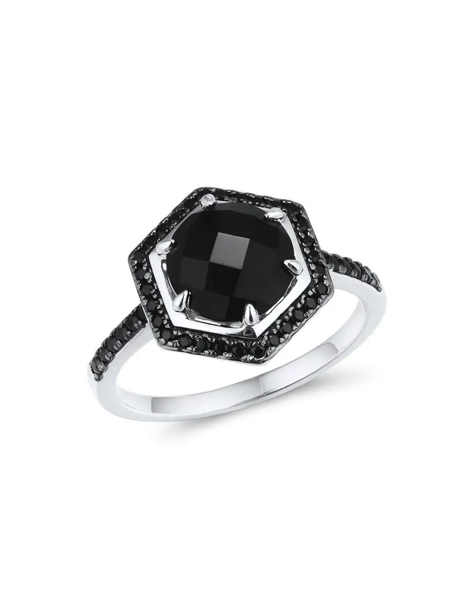 Перстень, серебро, 925 проба, родирование, шпинель синтетическая, оникс