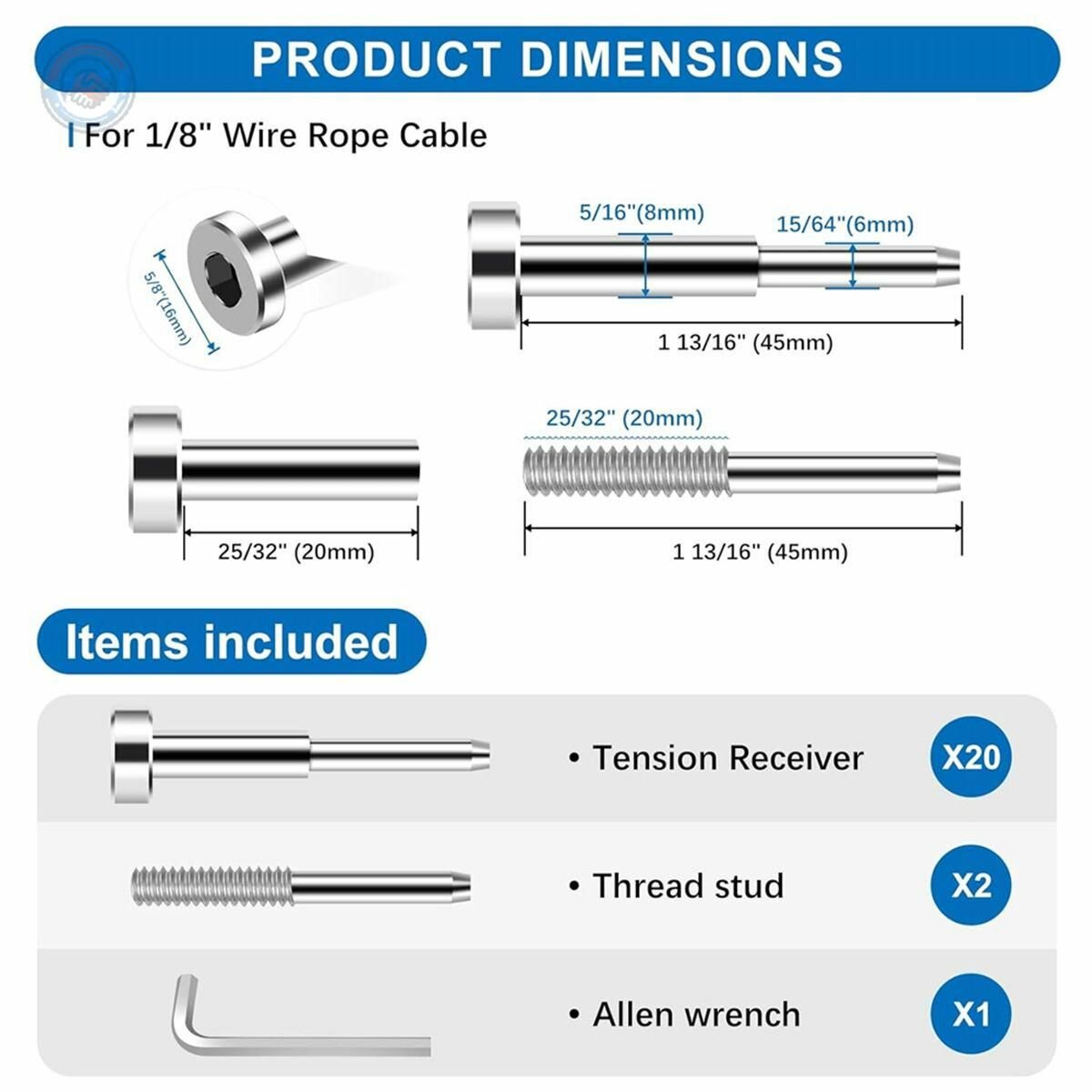 Комплект из 20 невидимых кабельных клемм для перил 1/8 дюйма, скрытые направляющие из нержавеющей стали T316, монтаж в столб 2x2 дюйма, идеальное натяжение троса без видимых следов