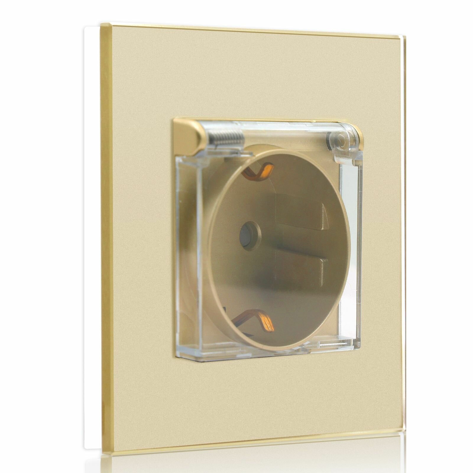 Розетка c крышкой влагозащищённая, 1 поста 16А 250В, рамка стекло Золотой,86mm