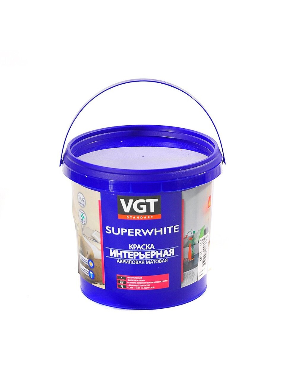 Краска воднодисперсионная, VGT, акриловая, интерьерная, влагостойкая, матовая, супербелая, 1.5 кг