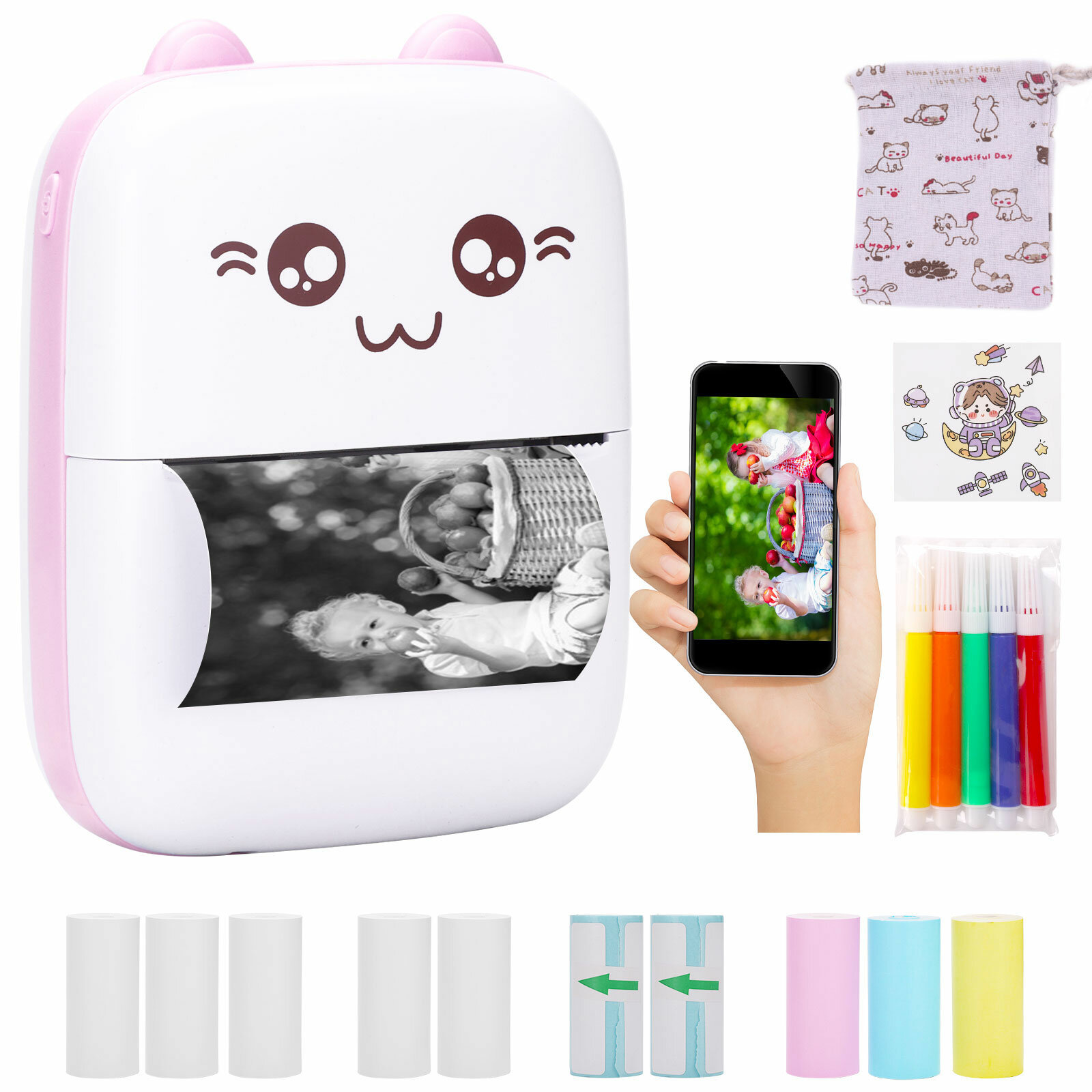 Портативный принтер Pocket Printer Mini BT Термопринтер Совместимый с iOS и Android Бумажный Принтер Портативный Метки Стикеры Квитанции Для Рабочих Списков Учебных Заметок Путевых Дневников 200DPI Без чернил Черно-белая Печать 1000mAh BLE4.0 APP iprint