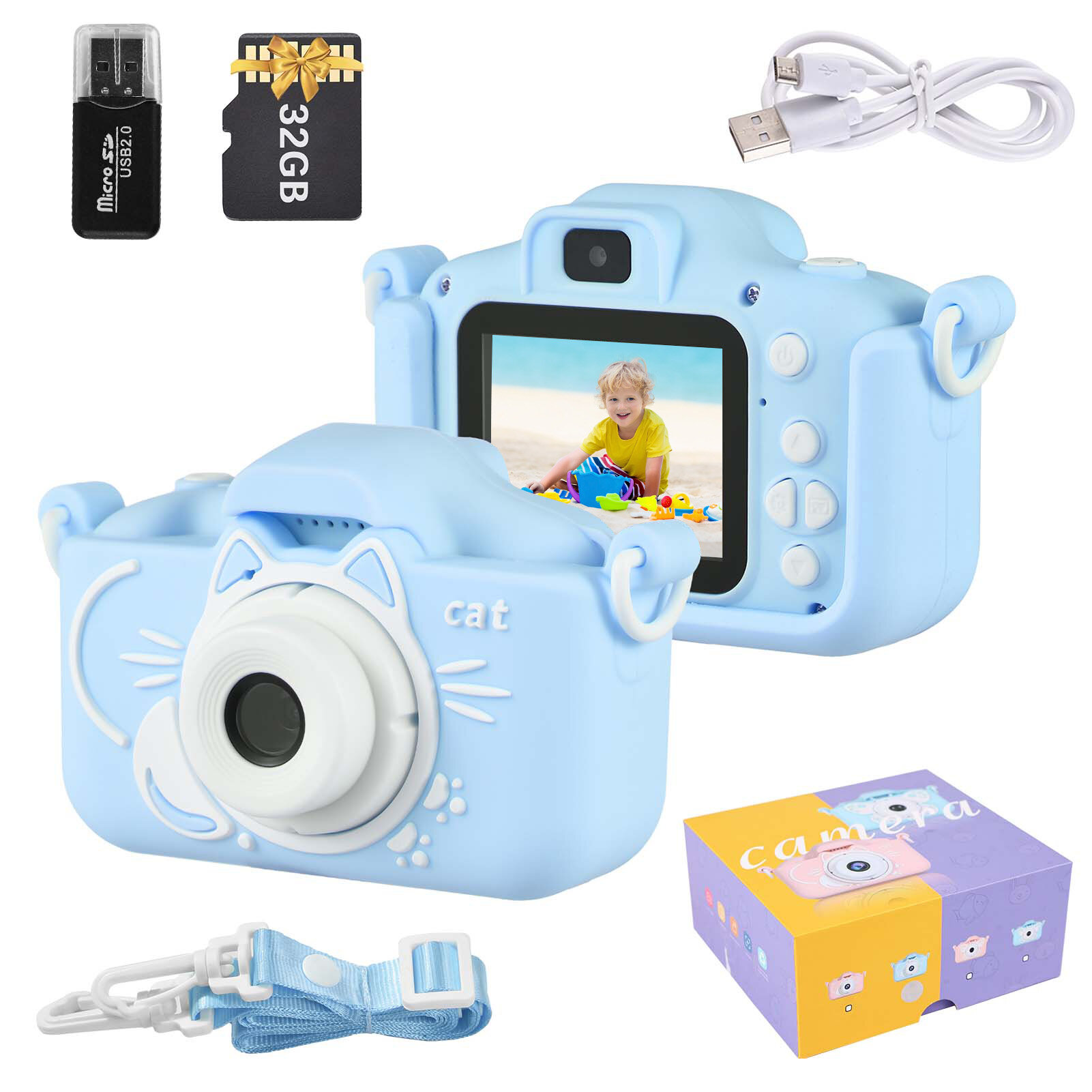 Камера для детей X8 Mini Digital Camera 1080P 20MP Двойная линза 2.0 дюйм IPS экран Встроенный аккумулятор 32GB карта памяти USB ридер Ремешок Pink/Blue