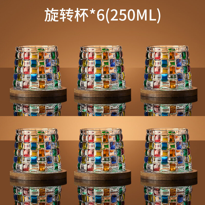 Bangbeibei толстое цветное стекло креативная вращающаяся рюмка для виски ручная роспись кружащаяся чашка с деревянным поддоном декомпрессионная чашка