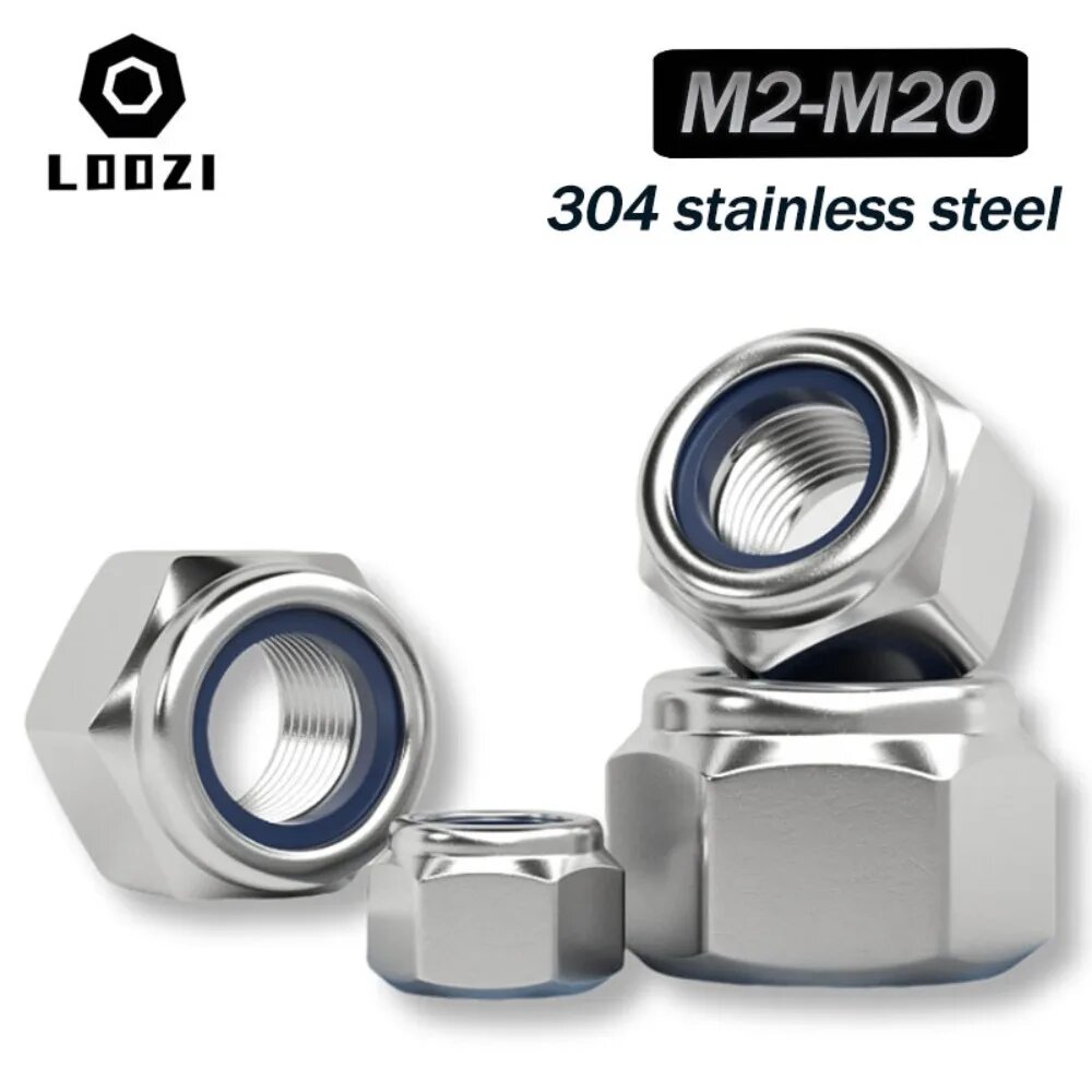 Нейлоновая контргайка из нержавеющей стали 304, шестигранная шестигранная стопорная гайка DIN985 M2 M2.5 M3 M4 M5 M6 M8 M10 M12 M14 M16 M20, нескользящие гайки