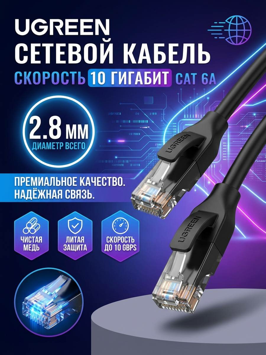 Патч-корд Ugreen NW122 UTP cat.6a OD2.8 2m Black 70334, тонкий