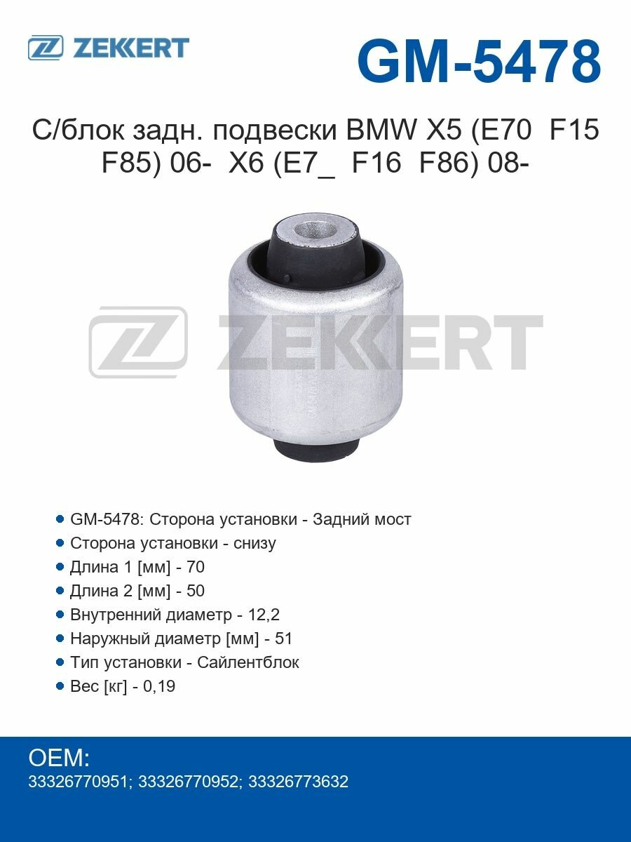 Zekkert Сайлентблок задн. подвески BMW X5 (E70 F15 F85) 06- X6 (E7_ F16 F86) 08-
