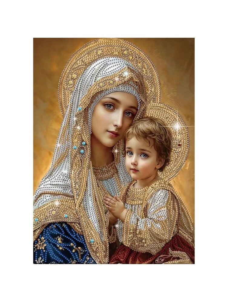 Алмазная Картина Дева Мария И Младенец Иисус 5D Круглый Бриллиант 30х40 см
