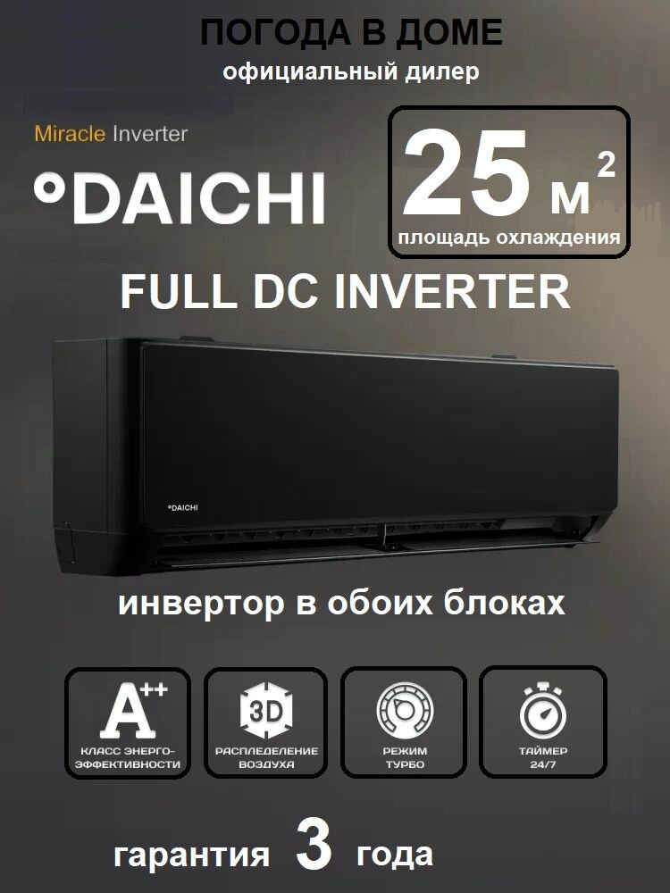 Сплит-система кондиционер инверторный Daichi MIRacle FULL DC INVERTER MIR25AVQS1R-1 для помещений до 25 кв. м.