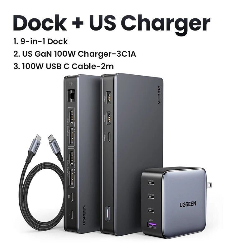 UGREEN USB-C Хаб 9-в-1 с DisplayLink 2DP 2HDMI Dock-US Charger 3C1A
