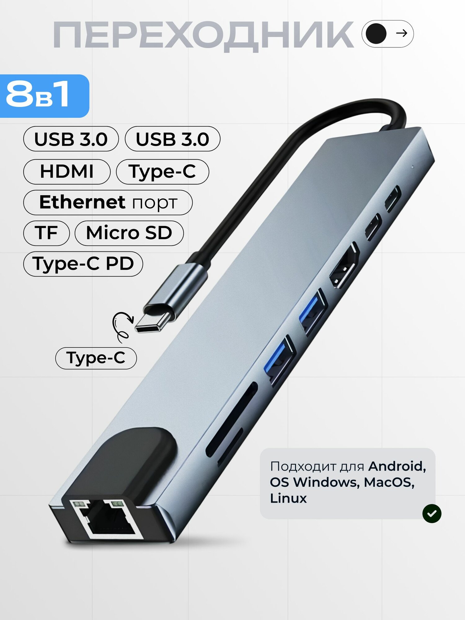 USB Hub Lan Adapter / Сетевая карта USB / Ethernet адаптер сетевой / type-c переходник HDMI / 2 USB / TF