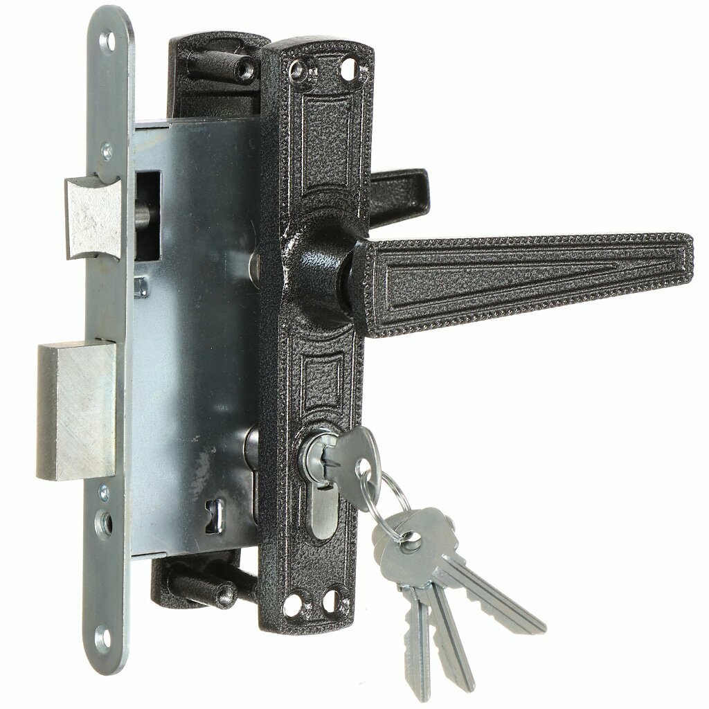 Замок врезной Омега ЗВ7.01 с ручкой, цилиндровый, межосевое расстояние 55 мм, 4 ключа, стальной, серебристый, Россия