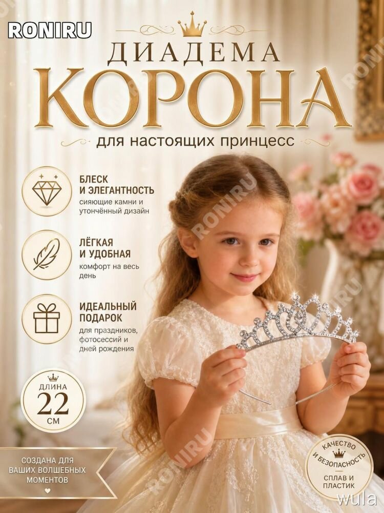 Диадема RONIRU Корона, 1 шт, длина 22 см, блеск и элегантность, для принцесс, идеальный подарок