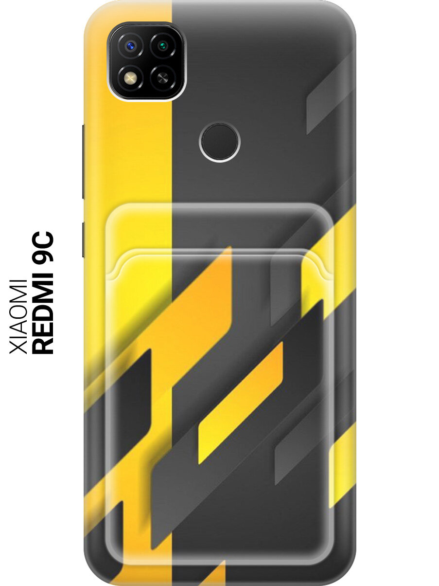 Чехол с карманом для карт на Xiaomi Redmi 9C / Сяоми Редми 9С с принтом "Черно-желтая абстракция"
