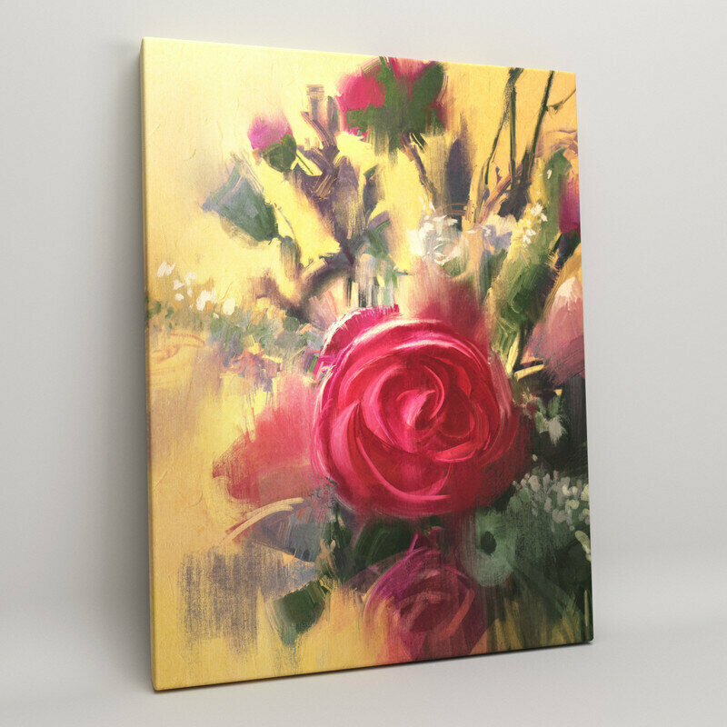 Картина на холсте (интерьерный постер) "Кустовые красные розы на золотом фоне - арт", с деревянным подрамником, размер 45x60 см