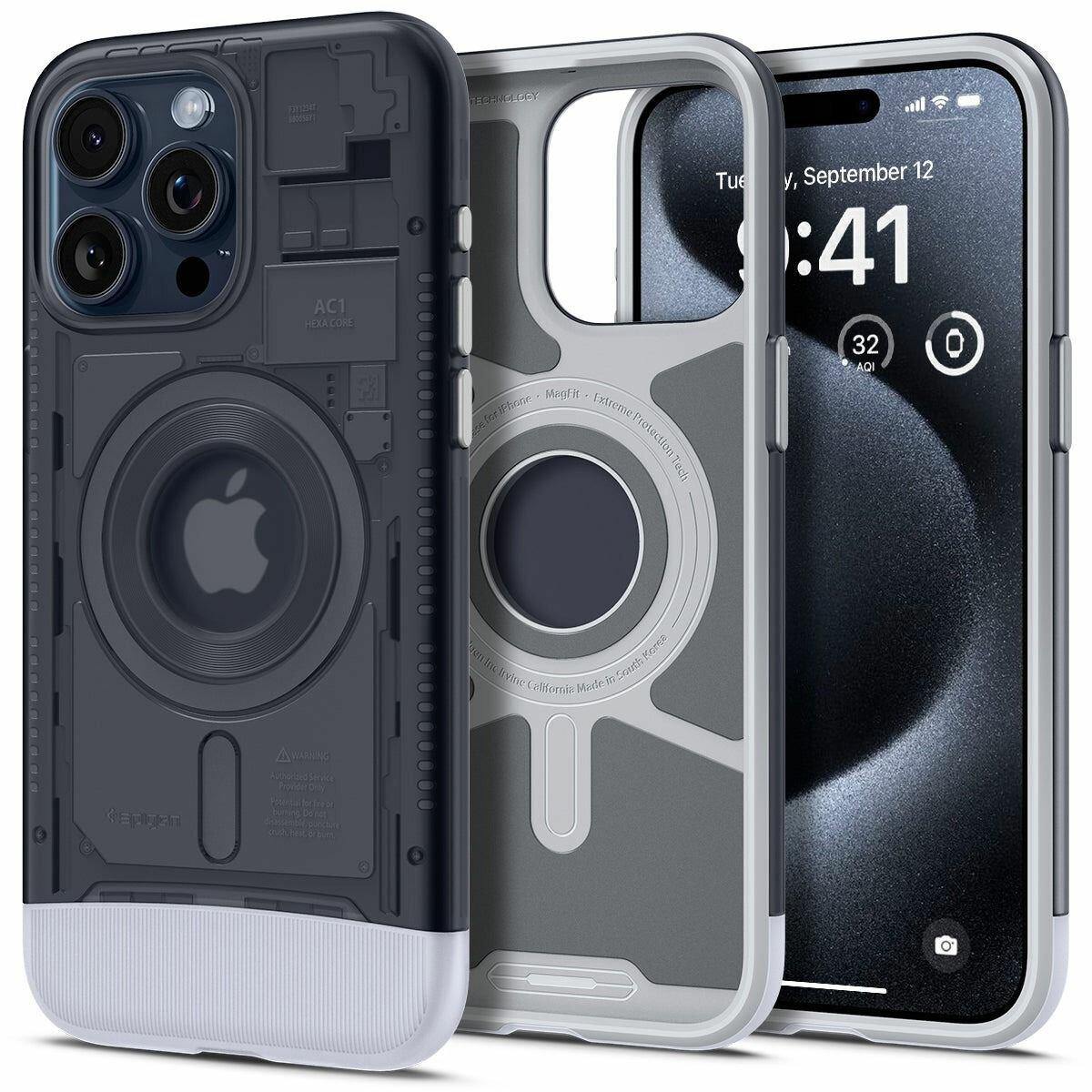 Чехол Spigen на Apple iPhone 15 Pro Max (ACS06607) Classic C1 MagFit / Спиген чехол для Айфон 15 Про Макс MagSafe, противоударный, с защитой камеры, серый