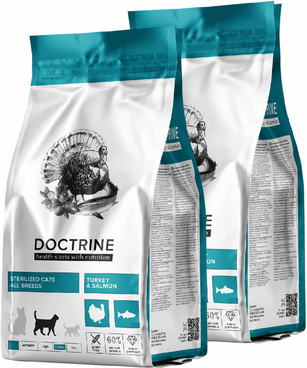 DOCTRINE CAT STERILISED TURKEY & SALMON беззерновой для взрослых кастрированных котов и стерилизованных кошек с индейкой и лососем (3 + 3 кг)