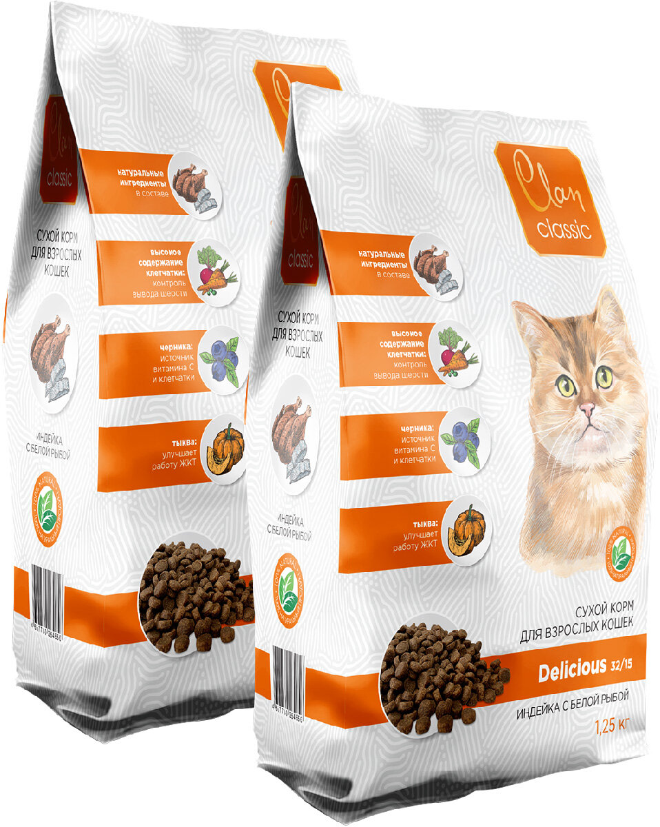 Корм сухой CLAN CLASSIC DELICIOUS 32/15 для взрослых кошек с индейкой и белой рыбой (1,25 + 1,25 кг)