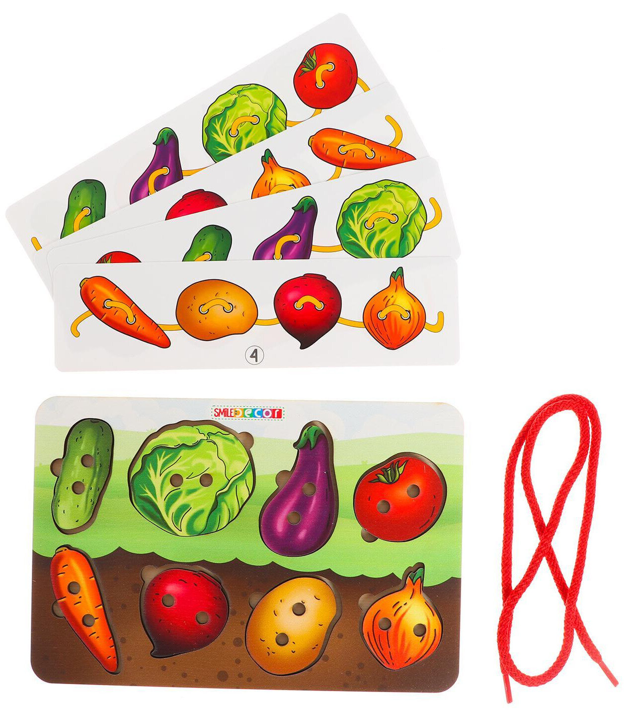 Развивающая игра-шнуровка "Овощи", деревянная рамка-вкладыш + 4 шаблона, на развитие мелкой моторики рук и координации движений, игровой набор из деревянных элементов, игрушка по методике Монтессори
