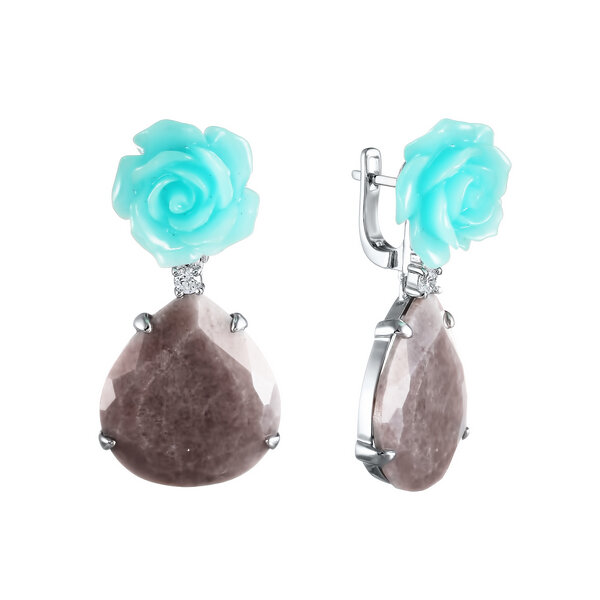 Серьги, серебро, 925 проба, фианит, жадеит