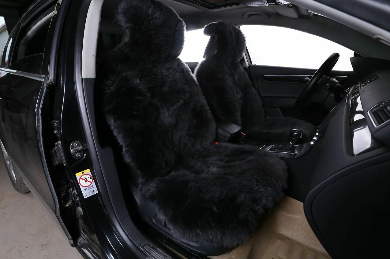 Меховая накидка на переднее сиденье длинный ворс (100% овчина) Черная