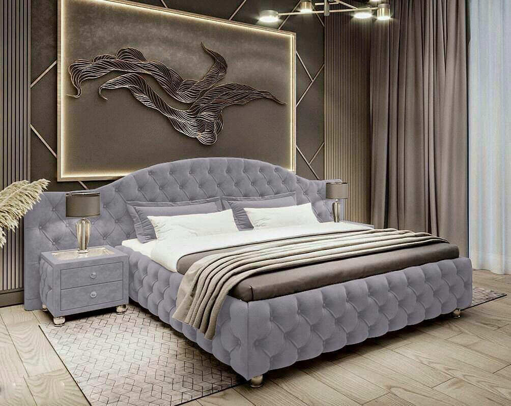 Двуспальная кровать 160x200, Letto King Size, с мягким изголовьем, с ящиком, велюр, серый