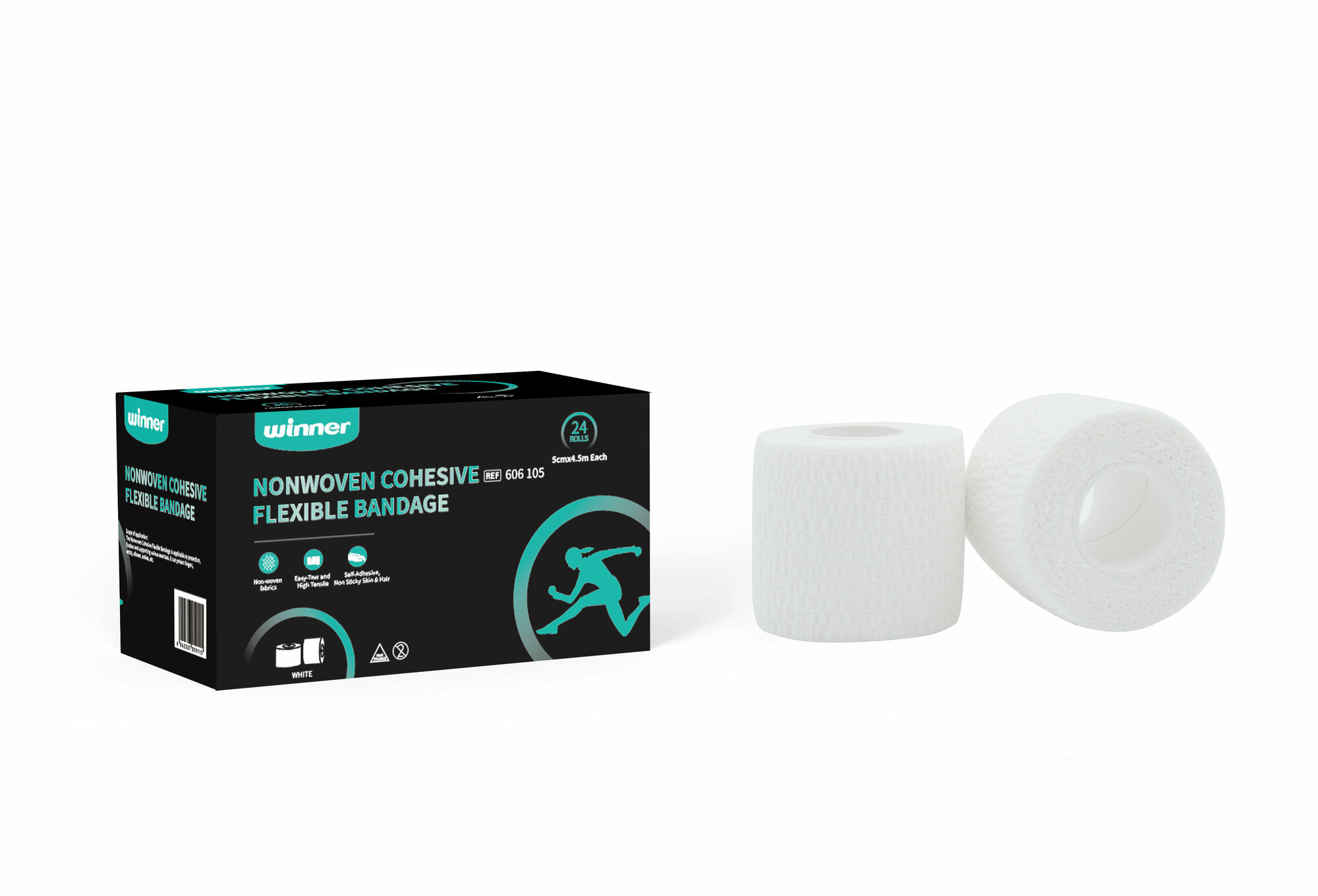 Спортивный когезивный тейп Winner с латексом 5см x 4,5м, белый (24 рулона)