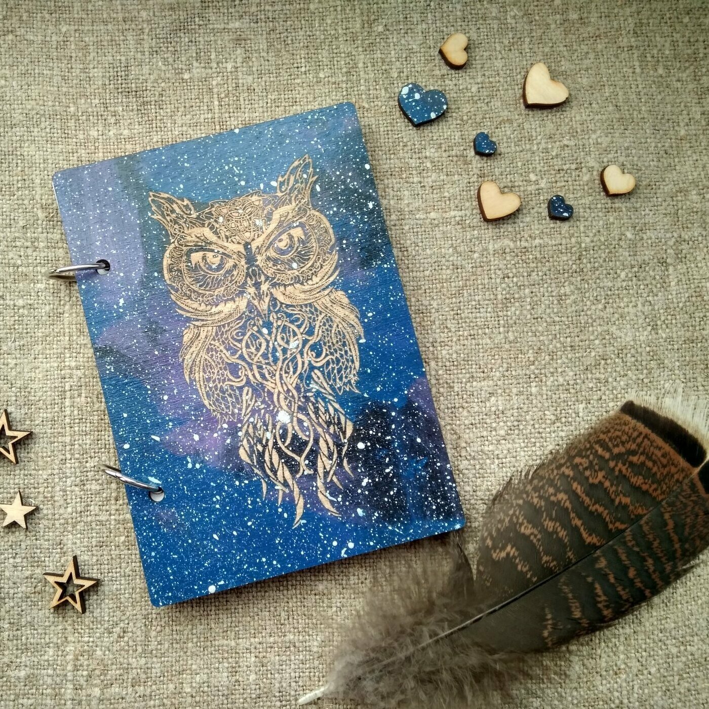 Деревянный блокнот "Стильная сова", А6, 50 белых листов, ручная работа