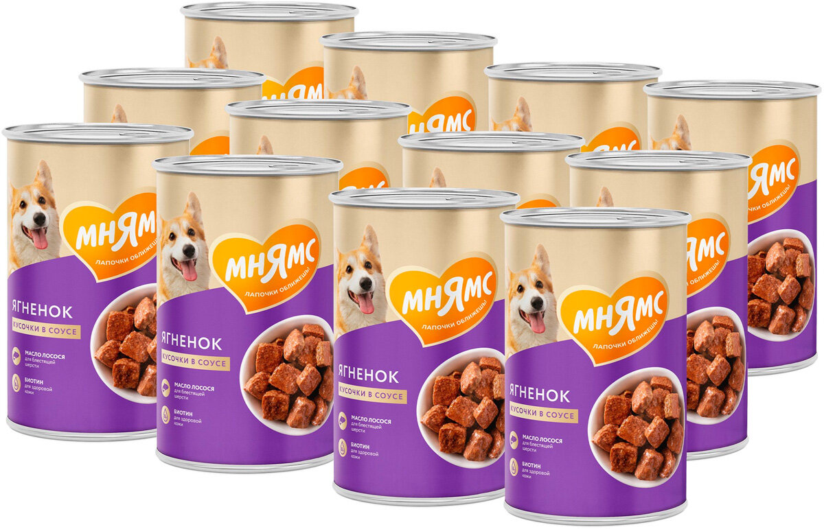 Мнямс красивая шерсть для взрослых собак с чувствительной кожей и шерстью с ягненком в соусе (400 гр х 12 шт)