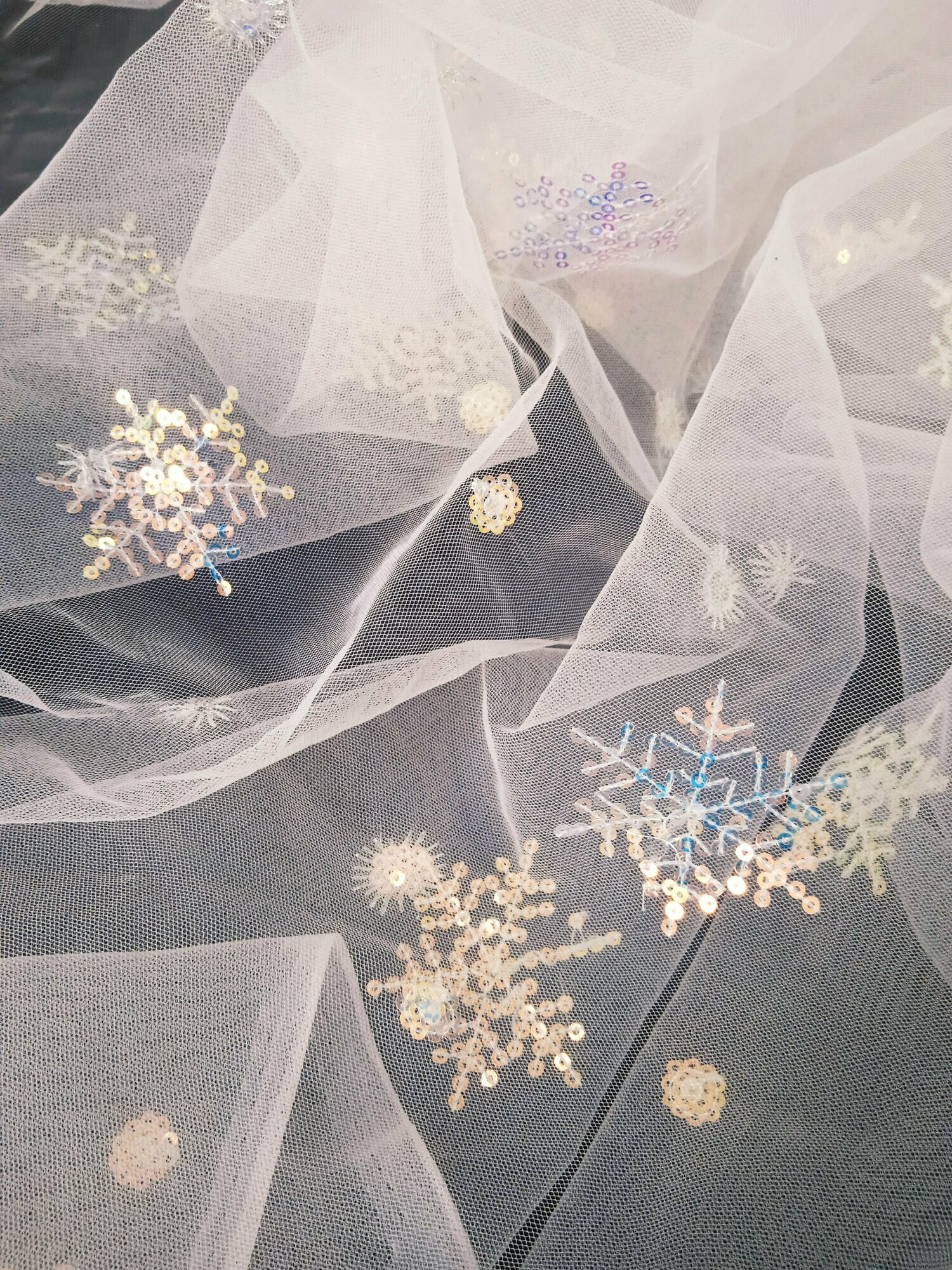 Ткань для шитья Сетка с пайетками-снежинками, цв. св. розовый,1,40 м *150 см