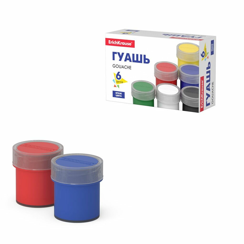 Гуашь для рисования Erich Krause "Basic", 6 цветов, баночки 17 мл, картонная упаковка