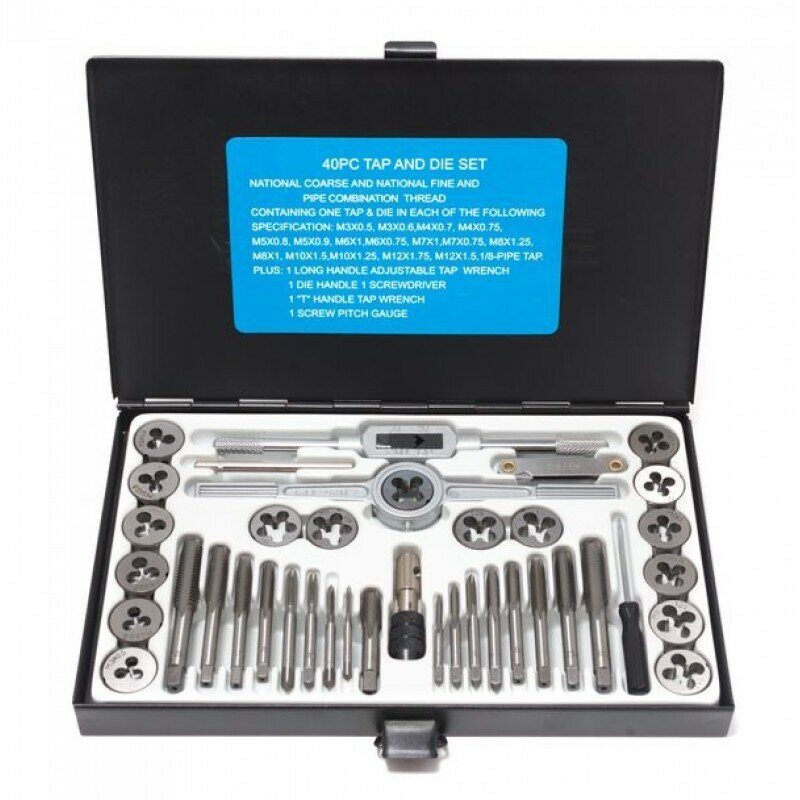 Набор метчиков и плашек 40предметов (метрические М3х0.5/0.6, М4х0.7/0.75, М5х0.8/0.9, М6х0.75/1, М7х0.75/1, М8х1/1.25, М10х1.25/1.5, М12х1.5/1.75)