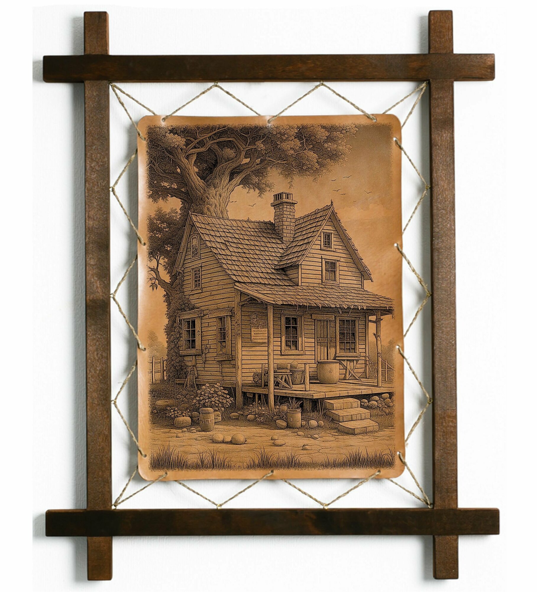 Картина интерьерная, натуральная кожа, "Домик", в деревянной раме, BoomGift