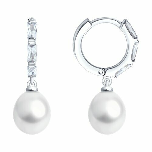 Серьги с подвесками, серебро, 925 проба, родирование, жемчуг культивированный, фианит