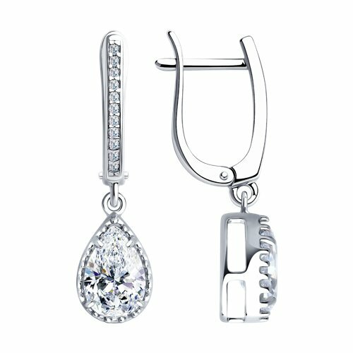 Серьги с подвесками, серебро, 925 проба, родирование, фианит