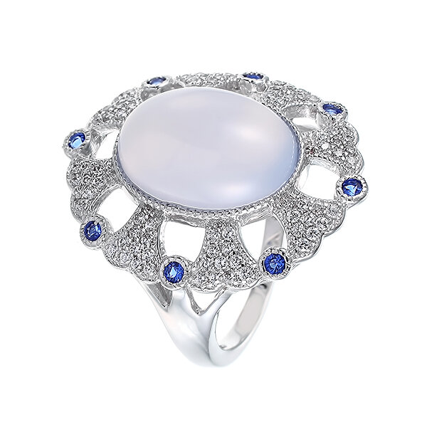 Кольцо, серебро, 925 проба, фианит, халцедон