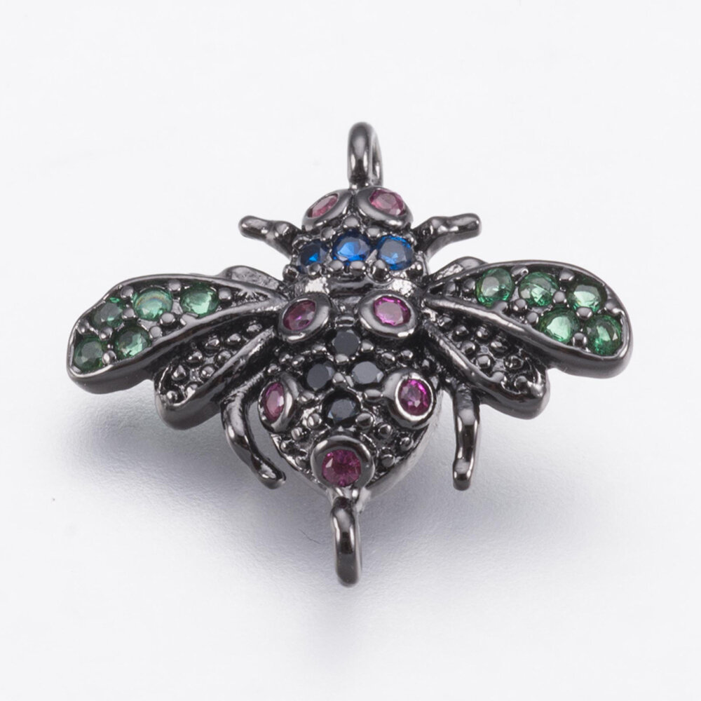 Коннектор 17х15.5х3.5мм, Milano, насекомое, Майский жук, с разноцветными фианитами, базовый материал - латунь, вороненая сталь, 1 шт.