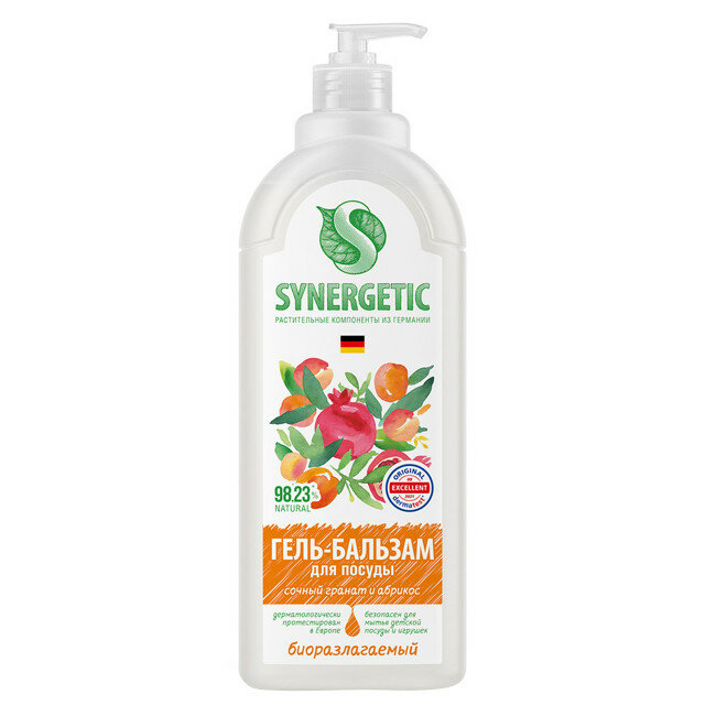 SYNERGETIC Сочный гранат и Абрикос гель-бальзам для мытья посуды 1 л с мягким очищением