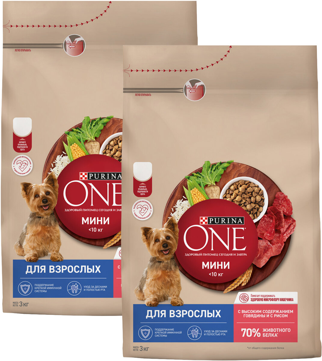 PURINA ONE ADULT для взрослых собак мелких и карликовых пород с говядиной и рисом 3 + 3 кг
