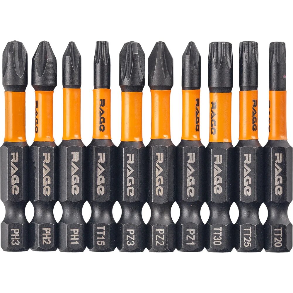 Набор бит для шуруповерта RAGE By VIRA магнитные торсионные IMPACT S2 PH PZ TORX x 50 мм 10 шт 554196, стальной, белый