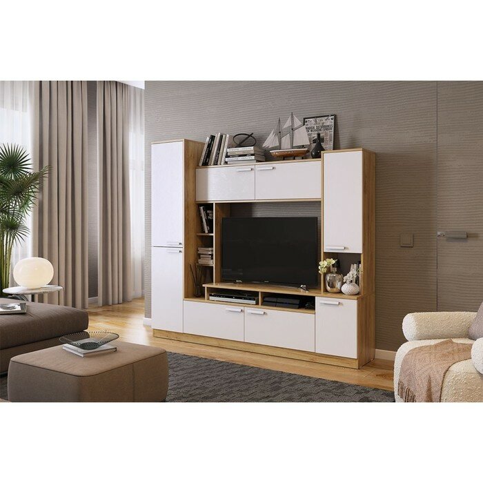 Мини - стенка для гостиной «Токио», 1910×430×1710 мм, цвет дуб крафт золотой/белое дерево