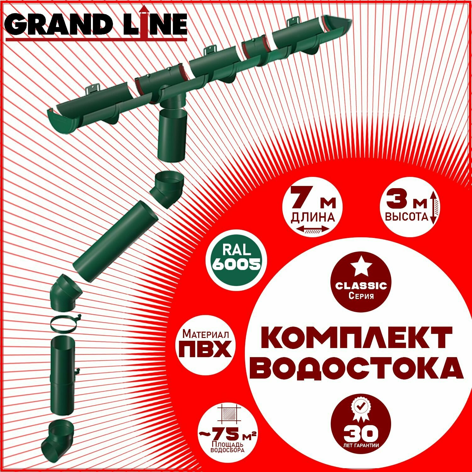 Комплект элементов водостока Grand Line на 7 м карниза по 1 метру (120мм/90мм) зеленый, водосточная система для крыши пластик Гранд Лайн ( RAL 6005 мох ) комплект ПВХ