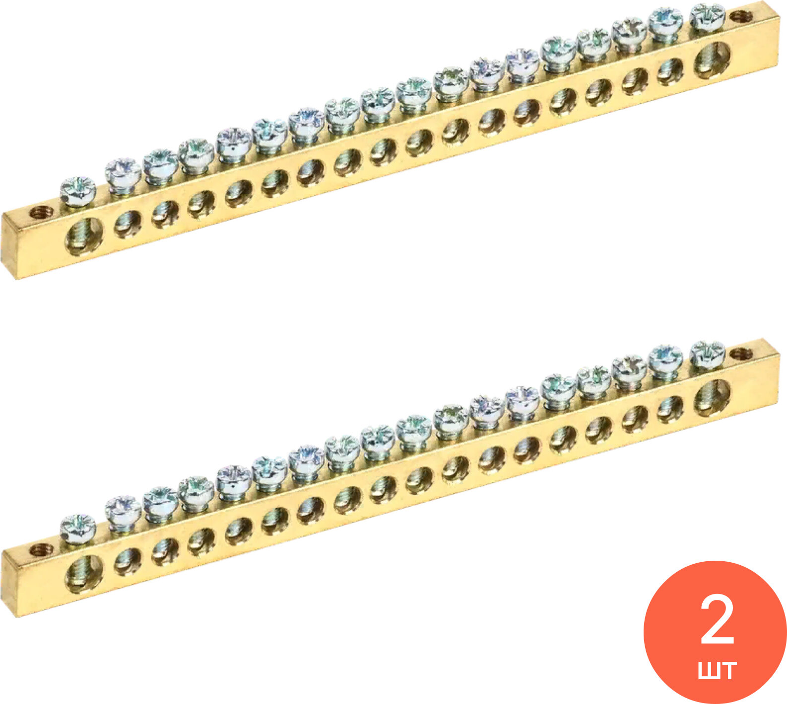 Шина IEK / ИЭК PEN земля-ноль 6х9мм 18/2, 18 групп/крепеж по краям, латунь, 126х6х9мм, 100А, YNN11-18-100 / соединитель проводов (комплект из 2 шт)