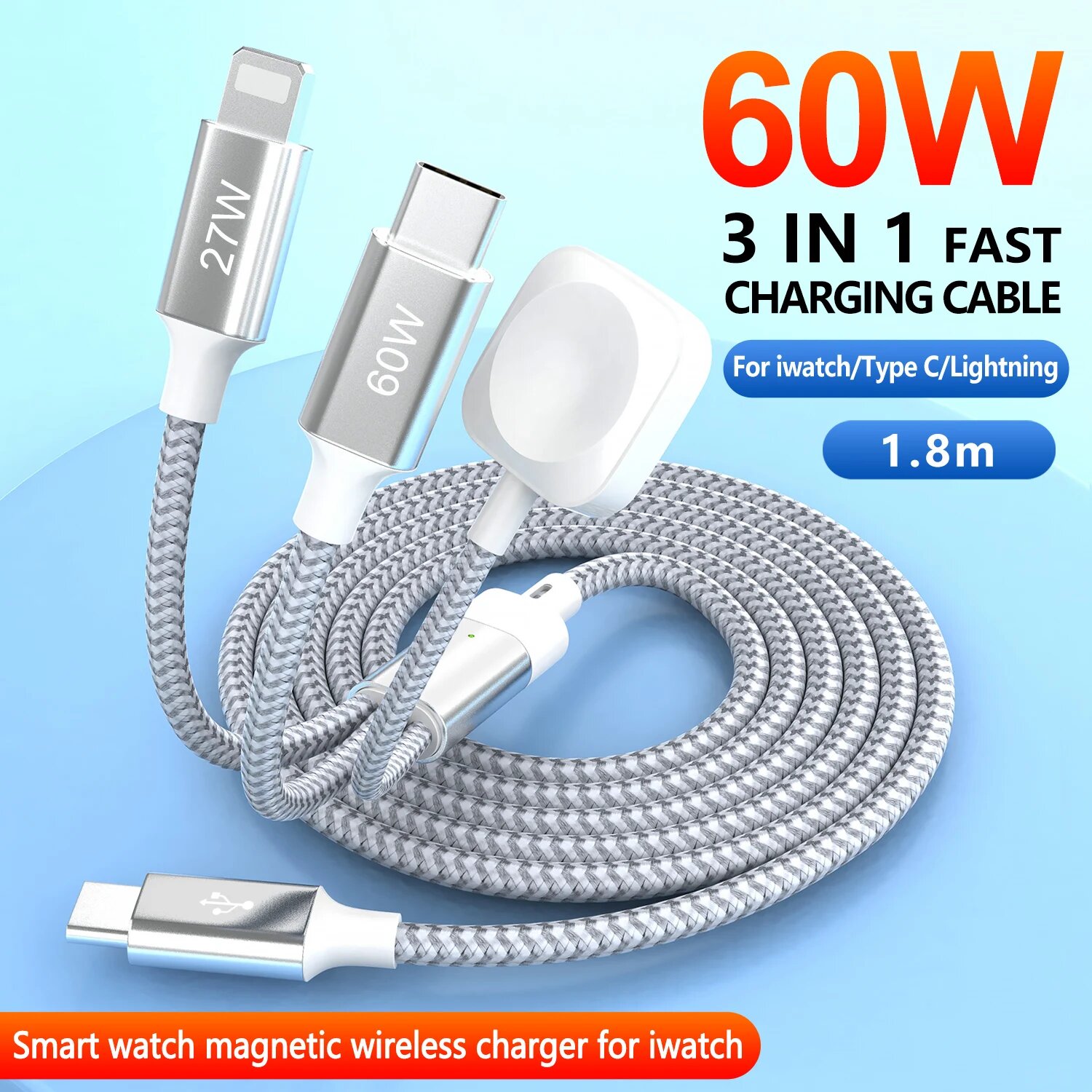 60W 3-в-1 кабель: USB-C, Lightning, iWatch, 1.8м, Grey