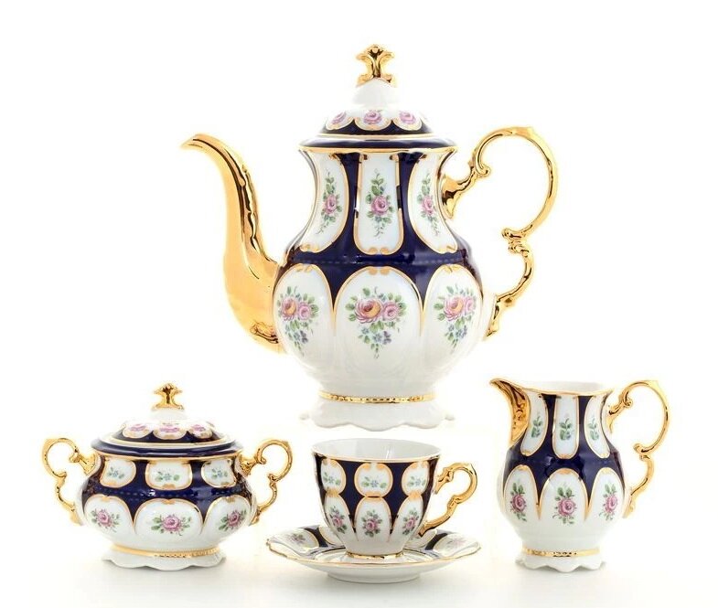 Кофейный сервиз Мокко на 6 персон 15 предметов 100 мл, Розовый цветок кобальт Соната 07160713-0419, Leander