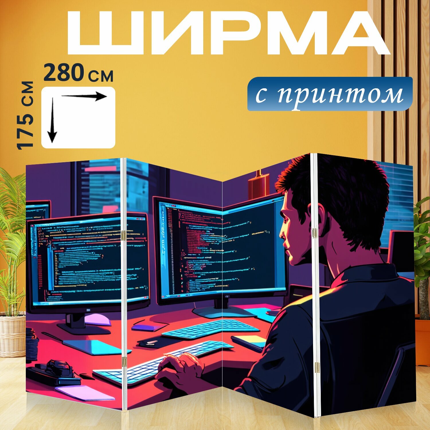 Ширма "Изобразите вечер работы программистов в уютном офисе, где компьютеры светятся, а на мониторах видны строки" перегородка для зонирования комнаты с принтом 280x175 см. на холсте