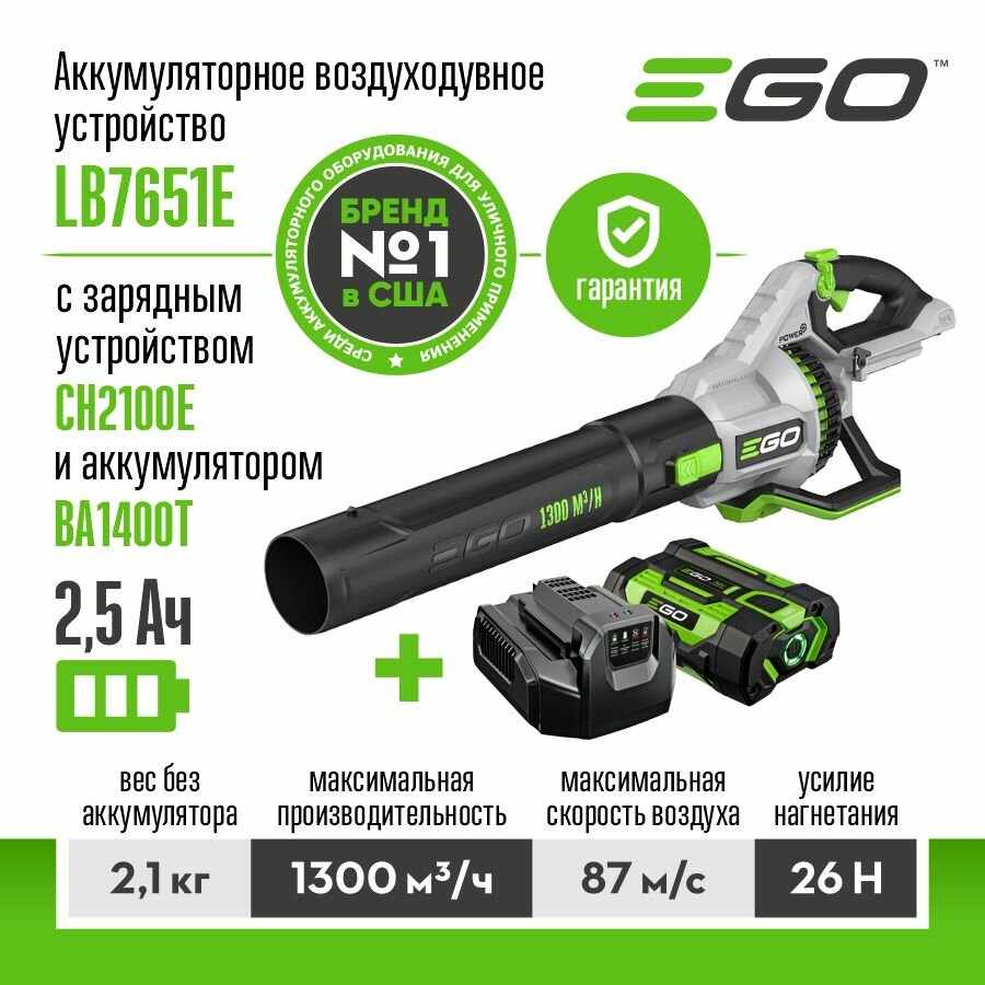 Аккумуляторная воздуходувка EGO LB7651E в комплекте с аккумуляторной батарей емкостью 2,5 Ач и зарядным устройством CH2100E