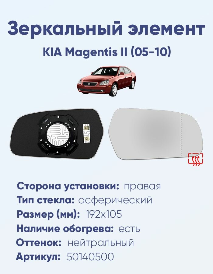 Зеркальный элемент правый KIA Magentis II (05-10) асферика нейтральный с обогревом