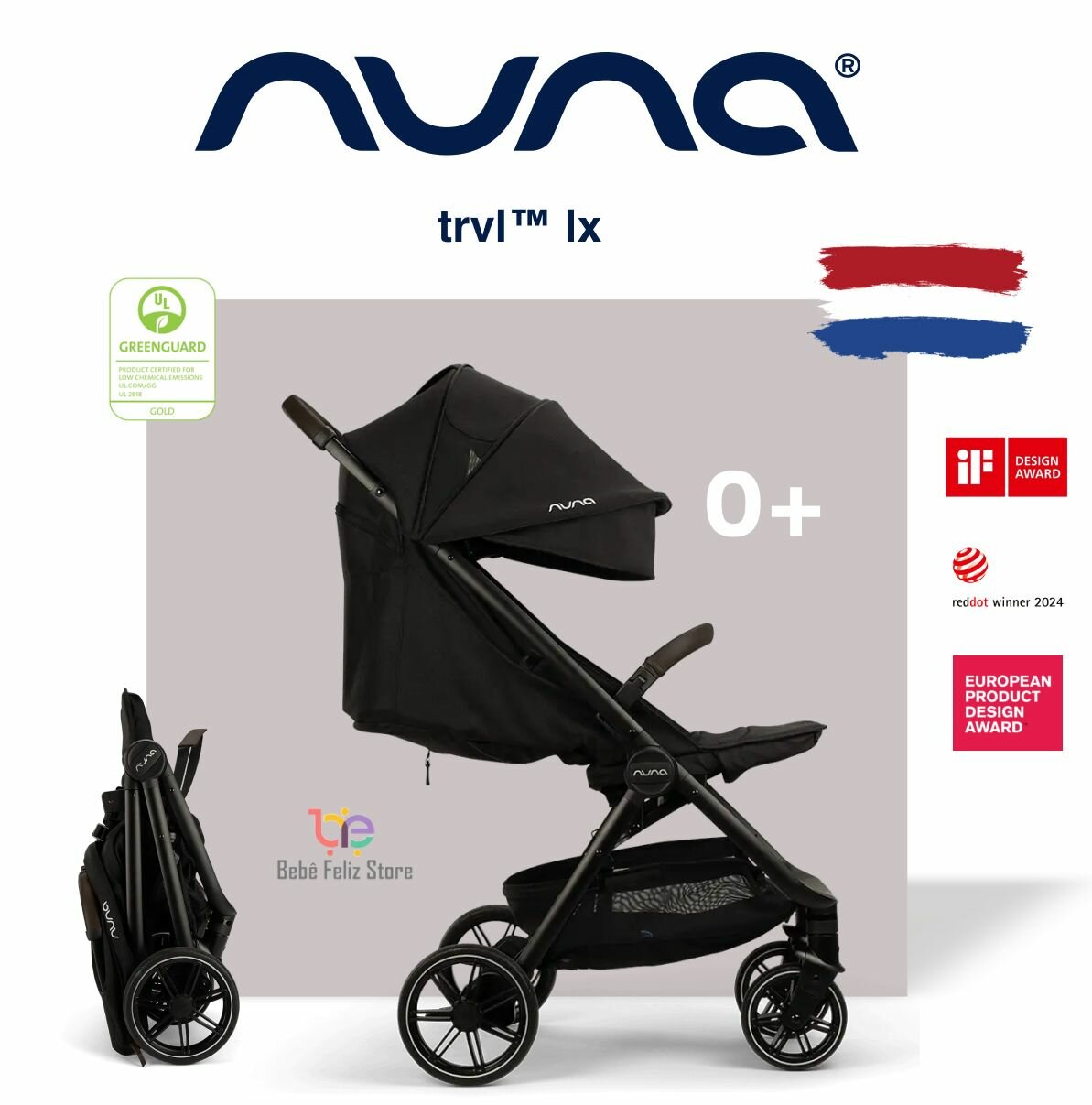 Nuna TRVL LX прогулочная детская коляска, легкая 7 кг, всесезонная, с большими колесами цвет Caviar, черный