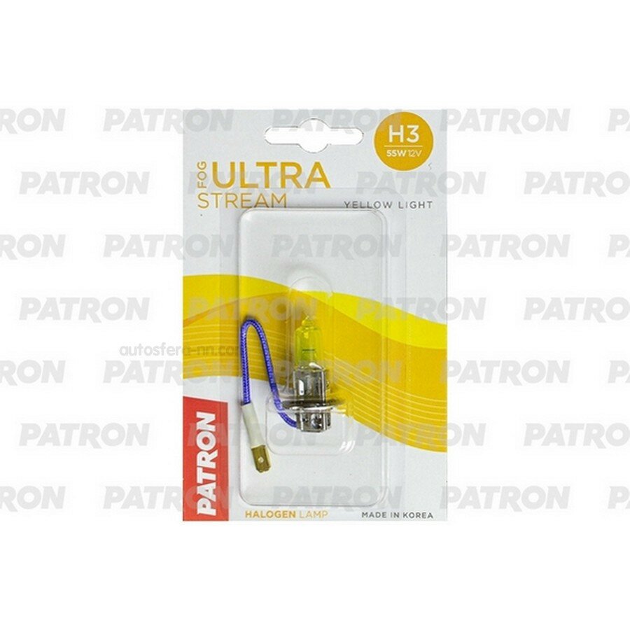 PATRON PLH31255FLLSB1 Лампа галогенная блистер 1шт H3 12V 55W 2800K PK22s Fog Ultra Stream (желтый свет, отличная видимость в любую погоду) Сделано в Корее