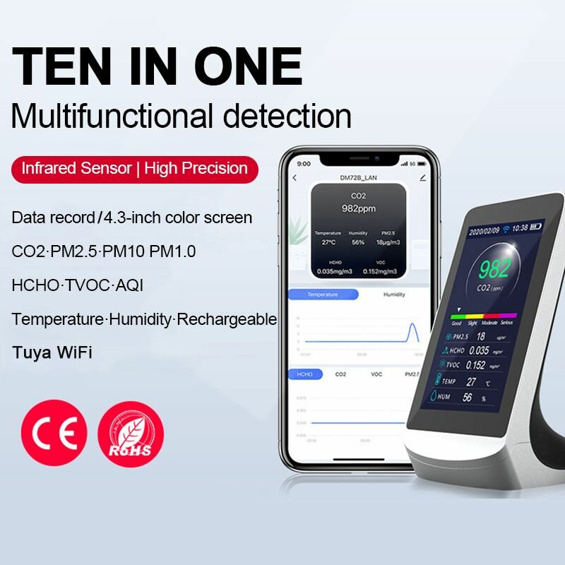 Tuya WIFI Термометр электронный для дома 10 В 1 Детектор качества воздуха CO2 Инфракрасный датчик температуры -KP